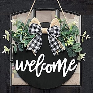 Alynsehom Welcome Sign Front Door Welcome Wreaths Black Wood Sign for Farmhouse Porch Decor Rustic Wooden Wall Sign Hangers Door Decorations Outdoor Hanging Craft (Black)
