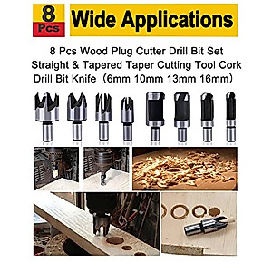 Rocaris 8pcs Wood Plug Cutter Drill Bit Set Straight and Tapered Taper Cutting Tool Cork Drill Bit Knife 6mm 10mm 13mm 16mm
