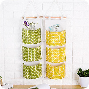 Krimo Wall Closet Hanging Storage Bag Premium Linen Fabric Over The Door Organizer, Hanging Storage Pouches with 3 Pockets for Bedroom Bathroom Waterproof & Stylish(Green)
