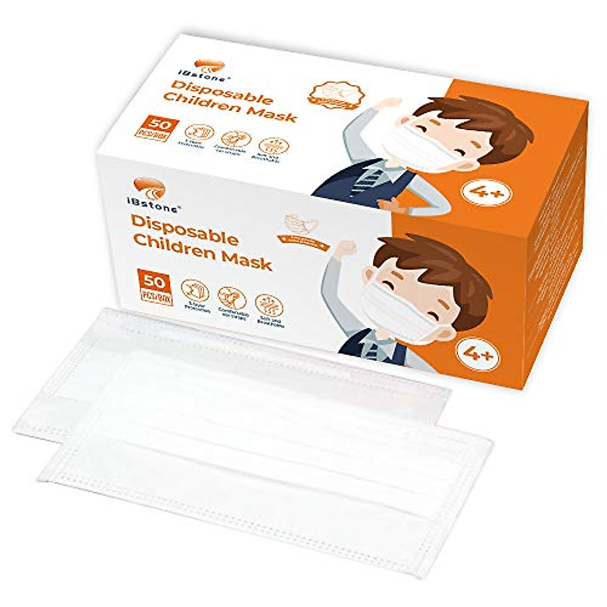 iBstone Kids Face Mask, Disposable Children Mask for School and Daily Use, 3-Layer, Comfortable Wide Straps, Non-Latex, White, 50PCS