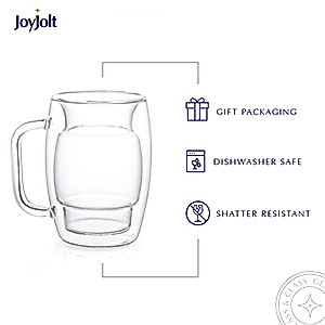 JoyJolt Cadus Glass Coffee Cups Double Wall Insulated Mugs Set of 2 Latte Glasses, 16-Ounces.