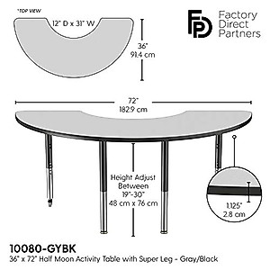 Factory Direct Partners 10076-GYBK Mobile Half Moon Activity School and Office Table (36" x 72"), Super Legs with Glides and Casters, Adjustable Height19-30" - Gray Top and Black Edge