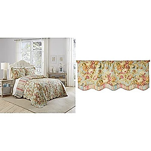 Waverly Spring Bling Modern Farmhouse Floral 3-Piece Reversible Quilt Bedding Bed Spread Set, Queen, Vapor & Spring Bling Valances for Windows Rod Pocket Curtains, 52" x 18", Vapor
