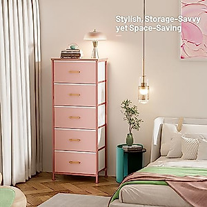 YILQQPER Dresser for Bedroom with 5 Drawers, Tall Storage Tower for Closet, Living Room, Nursery, Pink Dresser for Girl with Sturdy Steel Frame, Fabric Bins, Leather Finish, Wood Top, Pink