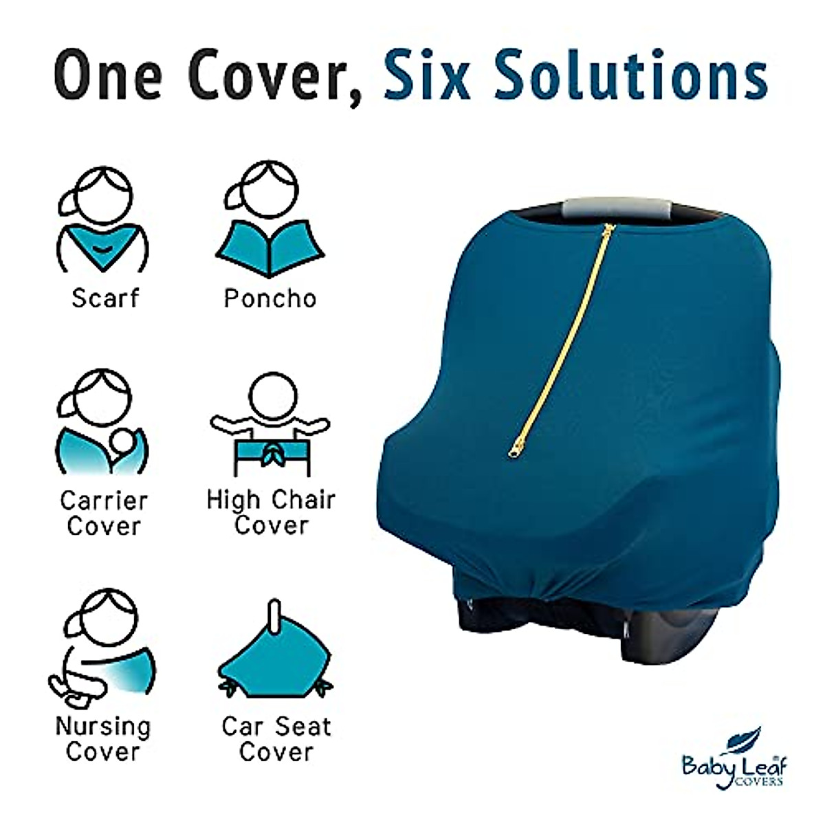 Baby Leaf Covers - Stretchy Multi Use Infant Car Seat and Stroller Canopy with Double Zipper, Breathable Nursing Poncho and Breastfeeding Scarf, Blue Sky