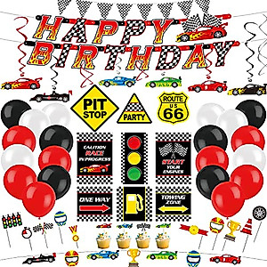 DECORLIFE Race Car Birthday Party Decorations, Car Theme Party Supplies Includes Checkered Flag Banner, Balloons, Hanging Swirls, Photo Booth Props, Traffic Signs, Racing Car Garland, Total 70PCS