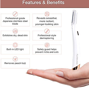 Finishing Touch Flawless Dermaplane Glo Lighted Facial Exfoliator - Non-Vibrating and Includes 6 Replacement Heads, White/Rose Gold