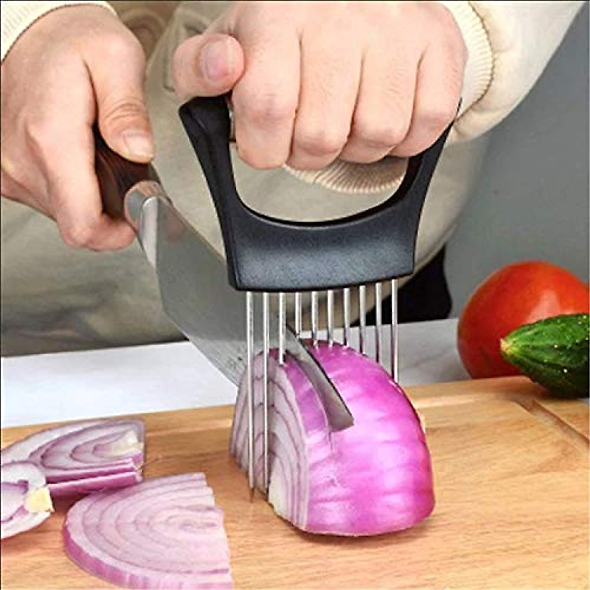 Onion Slicer Food Slice Assistant - Stainless Steel Onion Holder for Slicing - Vegetable Potato Cutter Slicer, Onion Cutting Tool,Kitchen Gadget Onion Peeler Slicing Tool(Black)