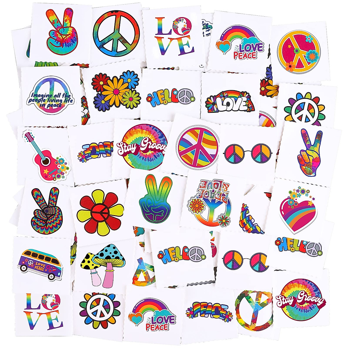 ADXCO 144 Pieces Hippie Tattoos Stickers Hippie Assorted Groovy Hippie Temporary Tattoos Waterproof Love and Peace Sign Hippie Tattoos Hippie Theme Party Tattoos for Hippie Party Favors