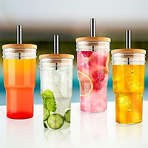 MOVNO Smoothie Mason Jar Cups with Lid And Straw, 22 oz Pack of 4 Reusable Boba Tea Drinking Jars Cup with Airtight Lids and Brush, Reusable Glass Tumbler with Sleeves for Iced Coffee,Milkshake, Gift