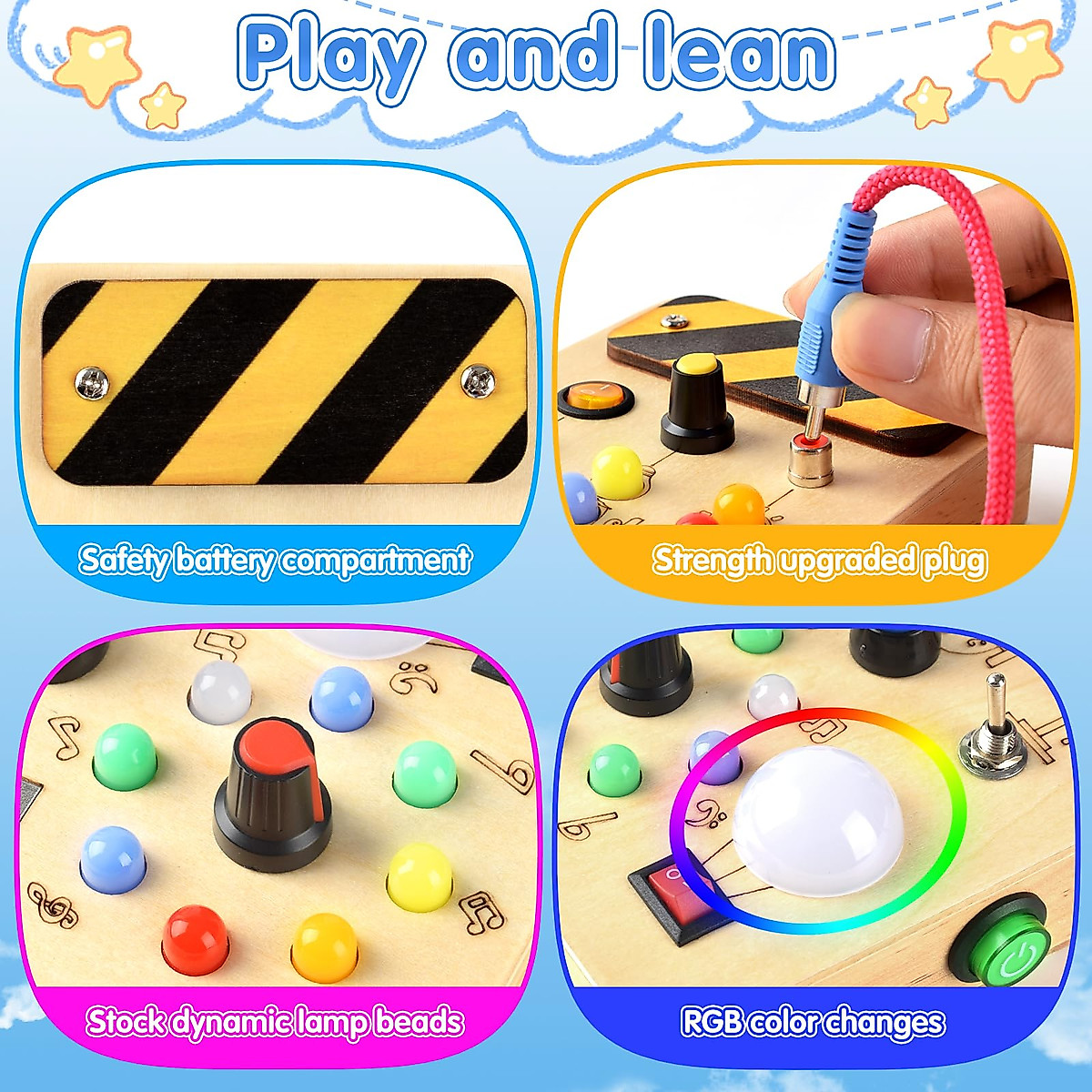 POLKRANE Busy Board with LED Light,Montessori Toys with Toggle Switch,Travel Toys and Wooden Toy for Educational Toddler Activities for 1 2 3 4 Year Old Boys & Girls (Rainbow)