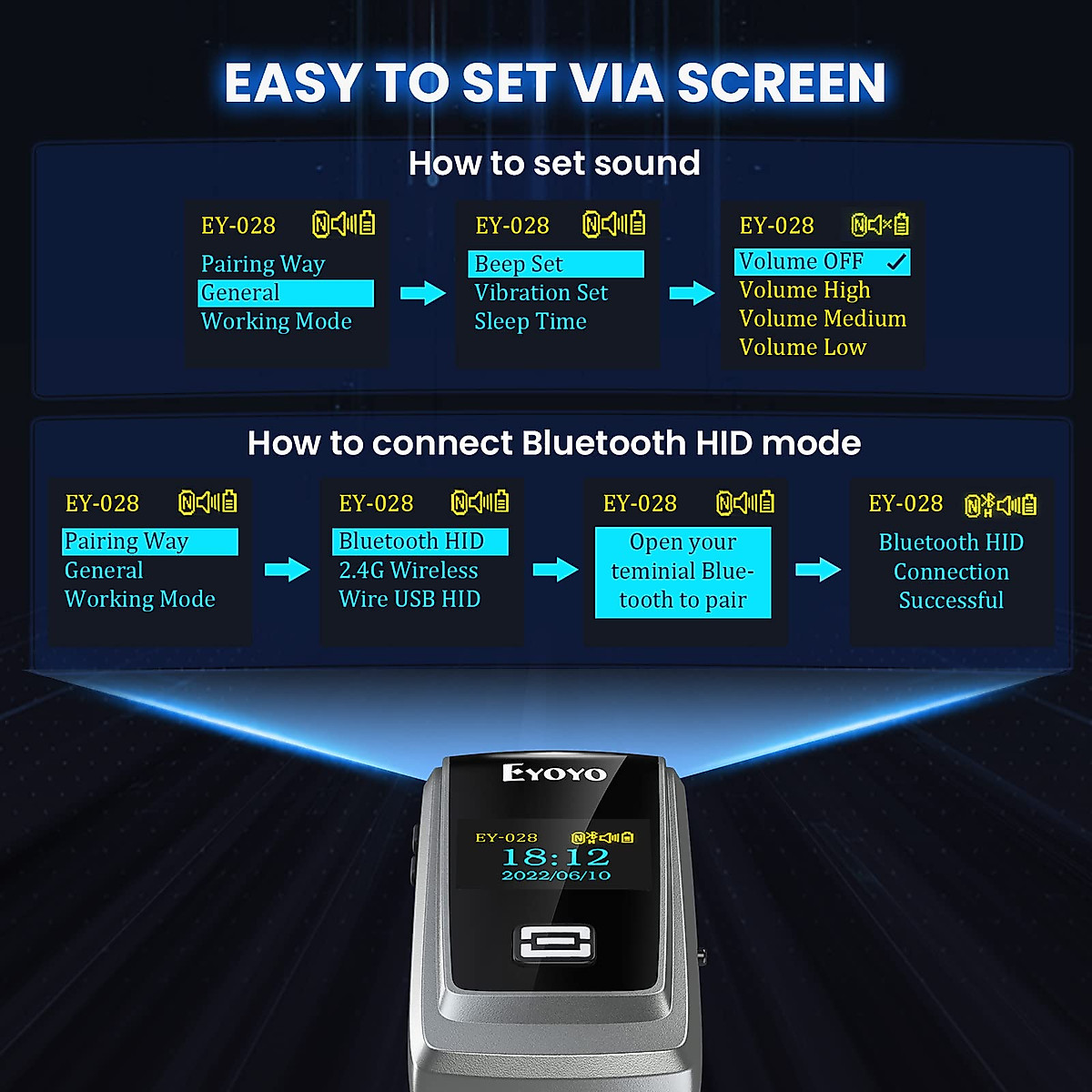 Eyoyo QR Code Scanner with LCD Display, Mini Portable Bluetooth Barcode Scanner, Wireless 1D 2D Book Bar Code Scanner for Library Classroom Inventory Compatible with iPhone iPad Android iOS POS Laptop