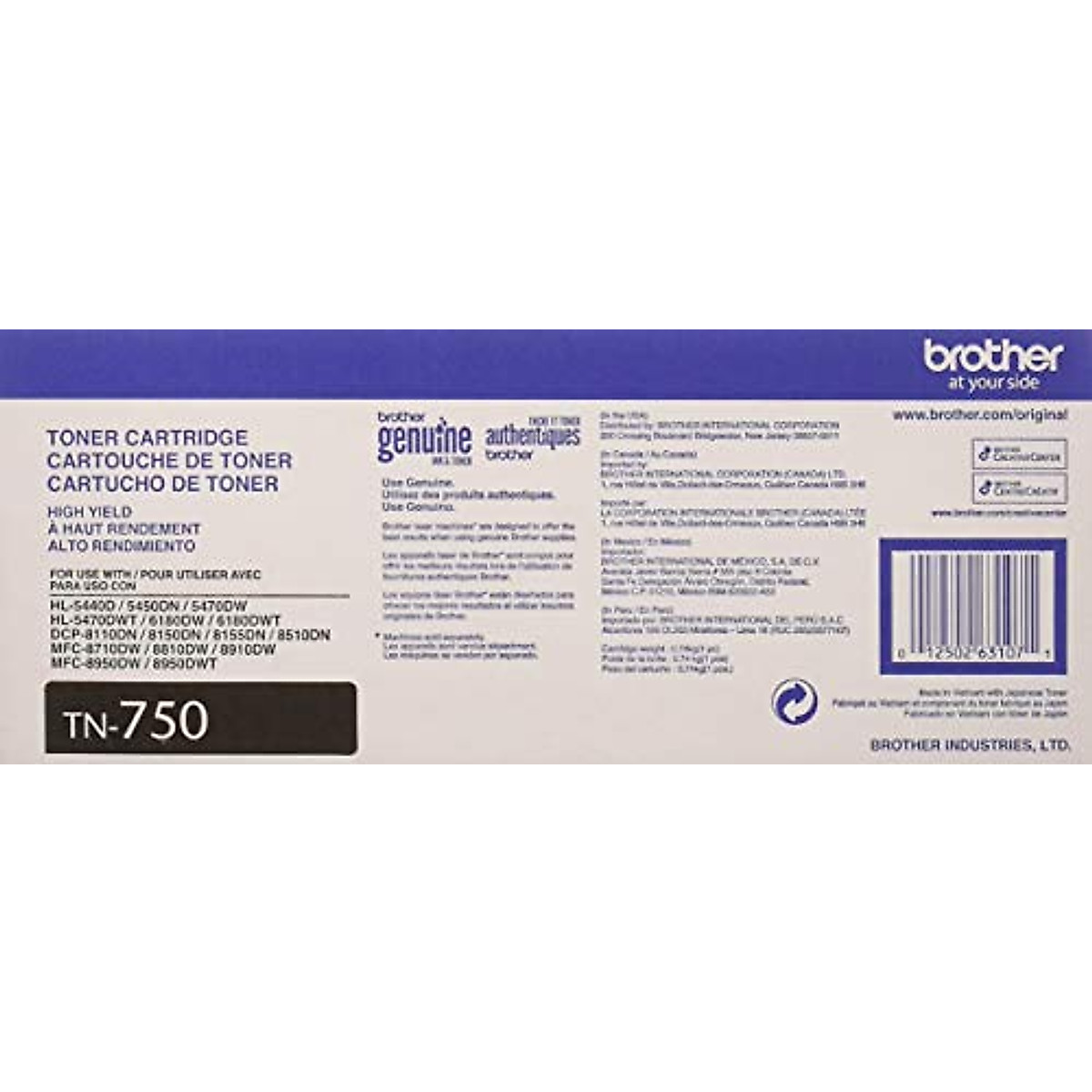 Brother Genuine High Yield Toner Cartridge, TN750, Replacement Black Toner, Page Yield Up To 8,000 Pages, Amazon Dash Replenishment Cartridge