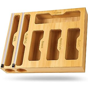 Ziplock Bag Storage Organizer for Kitchen Drawer, 6 in 1 Foil and Plastic Wrap Dispenser with Cutter, Bamboo Zip Lock Plastic Bag Baggie Organizer for Gallon, Quart, Sandwich, Snack 13" x 17" x 3.5"