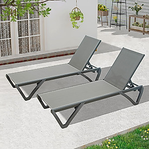 Domi Outdoor Chaise Lounge Set of 2,Pool Lounge Chair,Aluminum Sling Lounge Chairs for Outside with 5 Adjust able Positions (2 Grey Lounges W/O Table)