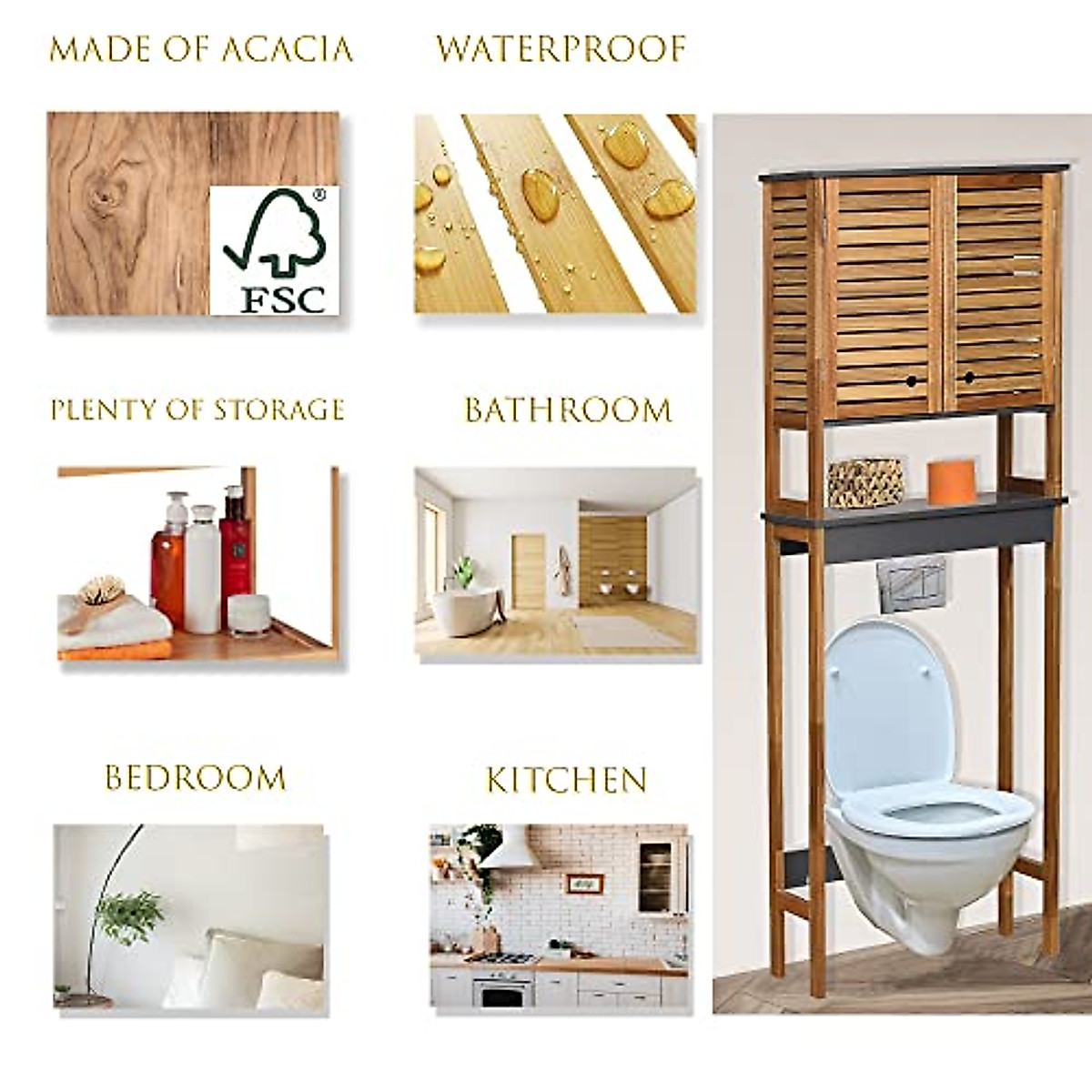 Evideco French Home Goods Over The Toilet Storage Cabinet Bathroom Elements Acacia - Gray Wood