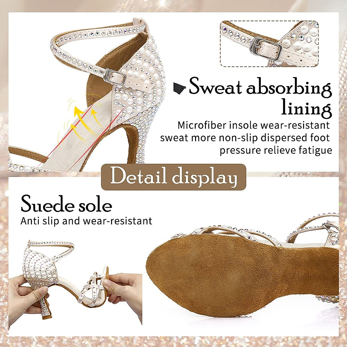 TINRYMX Latin Dance Shoes Women Rhinestones Tango Salsa Performance Ballroom Party Dance Shoes,US 8.5