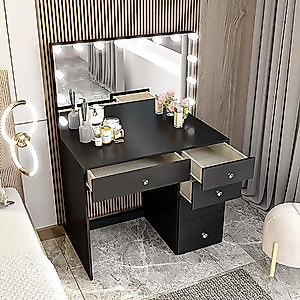 Boahaus Matilda Vanity Makeup Desk, Elegant White Bedroom Set with a Full-Width Mirror, 5 Drawers, Crystal Knobs - Ideal Modern Makeup Vanity with Ample Storage