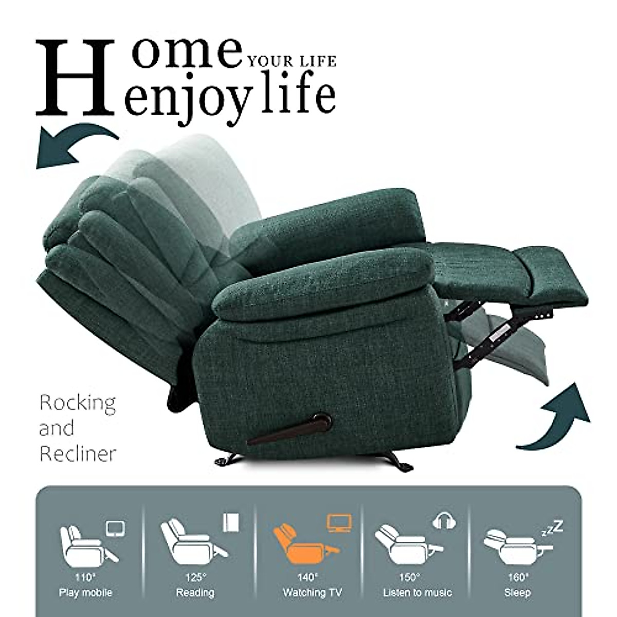 Rocker Recliner Chair, Push Back Wingback Recliner Armchair Adjustable Single Recliner Sofa Living Room Bedroom Big and Tall Adult Nursery Small Spaces, Glider Recliner Elegant Rocking Recliner, Green