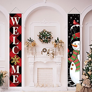 Christmas Porch Signs Snowman Christmas Decorations Supplies Merry Christmas Hanging Flags Welcome Winter Door Banners for Holiday Home Indoor Outdoor Wall Xmas Decor