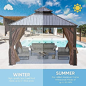 EMKK 12x12FT Hardtop Gazebo, Patic Gazebo Wooden Coated Hardtop Frame Canopy with Galvanized Steel Double Roof, Outdoor Permanent Metal Pavilion with Curtains and Netting for Deck,Garden, Backyard