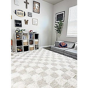 BoutiqueRugs Atira Modern Checkered Shag Area Rug - High Pile Fluffy Shag Rug for Kids Room, Nursery, Living Room, Bedroom, Dining Room - Beige, Cream, White - 6'7" X 9'6" (6x9 Area Rug)