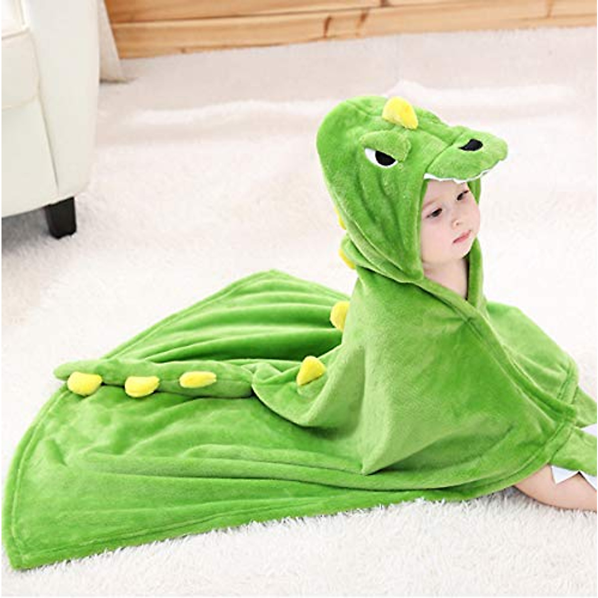 TONWHAR 0-4 Years Toddlers' And Kids' Boys Girls Animal Face Hooded Blanket Baby's Bathrobe,Plush After Bath Blanket (Green Dinosaur)