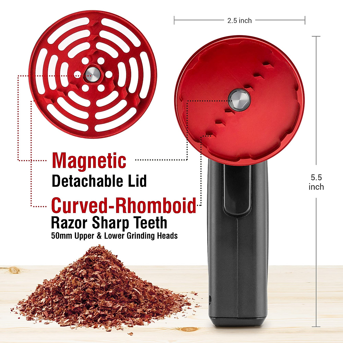 2.5" Large Electric Grinder Herb Grinder, Auto Spice Grinder with Auto Dispensing (Black Red)