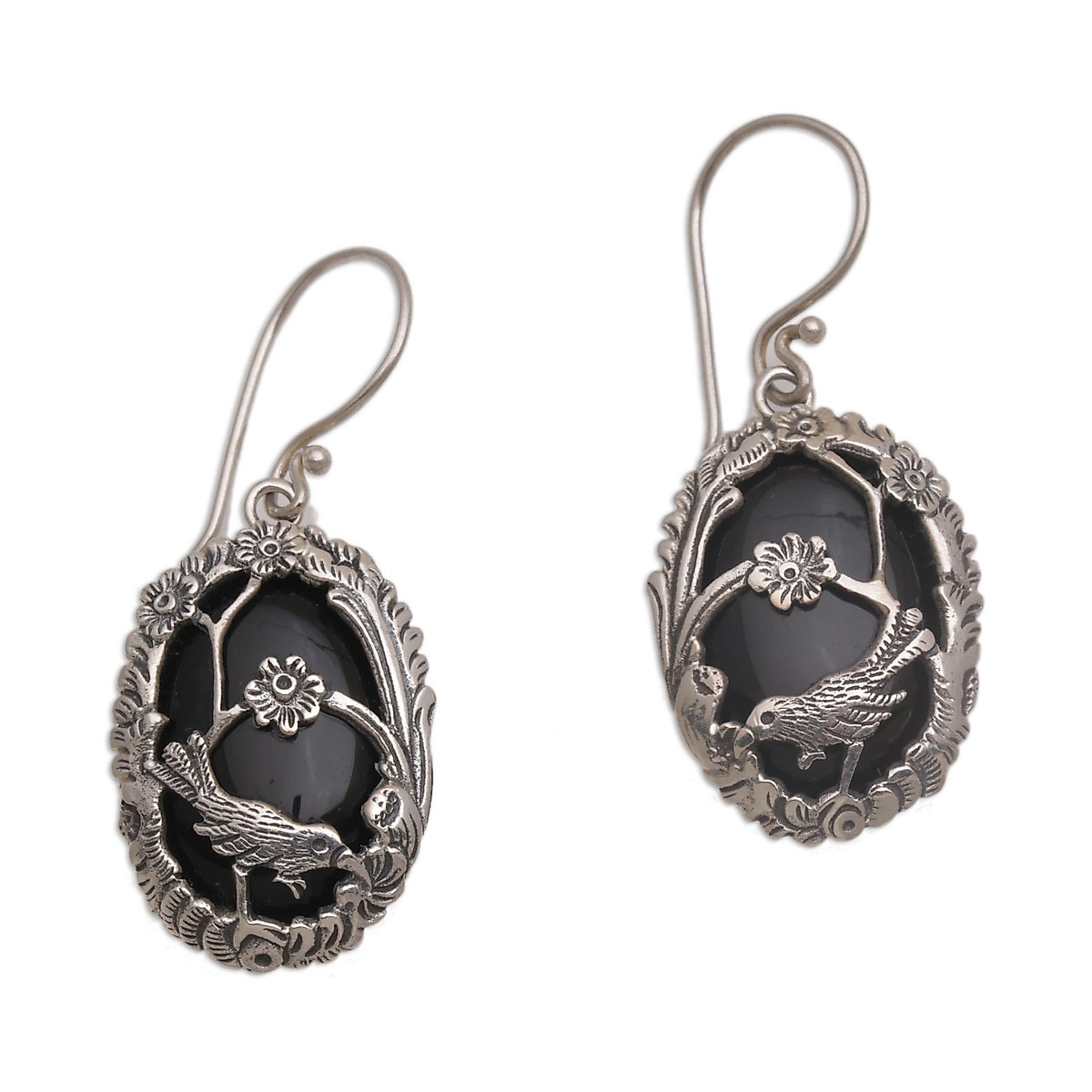 NOVICA Artisan Handmade Onyx Dangle Earrings 925 Silver Birdthemed from Bali Sterling Indonesia Nature Floral Birthstone [1.5 in H x 0.7 in W x 0.2 in D] ' Avian Curiosity'
