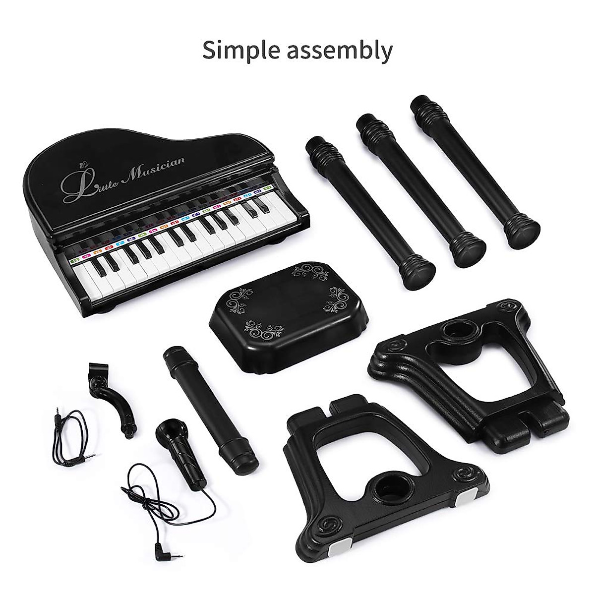 Kids Piano Keyboard Toys 31 Keys,Grand Piano for Beginners,3 4 5 6 Years Old Toddler Girl Boy Gift,Educational Musical Instrument,w/Microphone,Stool,Piano Lid,Lights,Note Stickers,Enamel Finish- Black