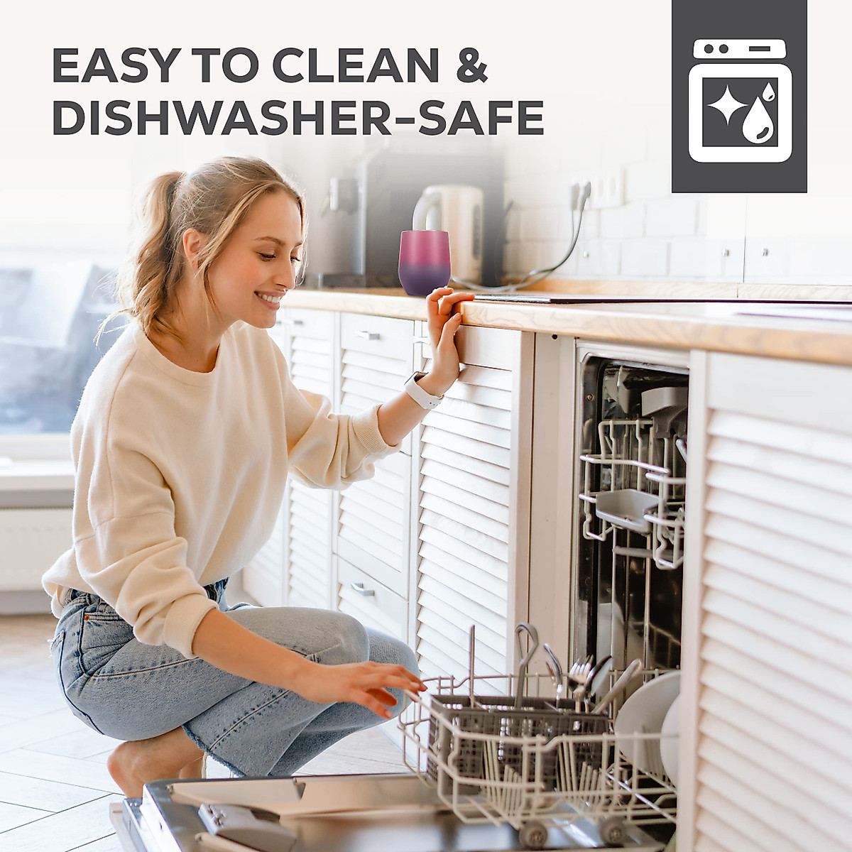 FineDine Triple Insulated Wine Tumbler With Lid (4 Pack) 12oz Stainless Steel Set- Tumblers Keep Drinks Hot & Cold for Outdoors, Beach, Picnics- Unbreakable Glasses With BPA Free Lids (Purple Print)