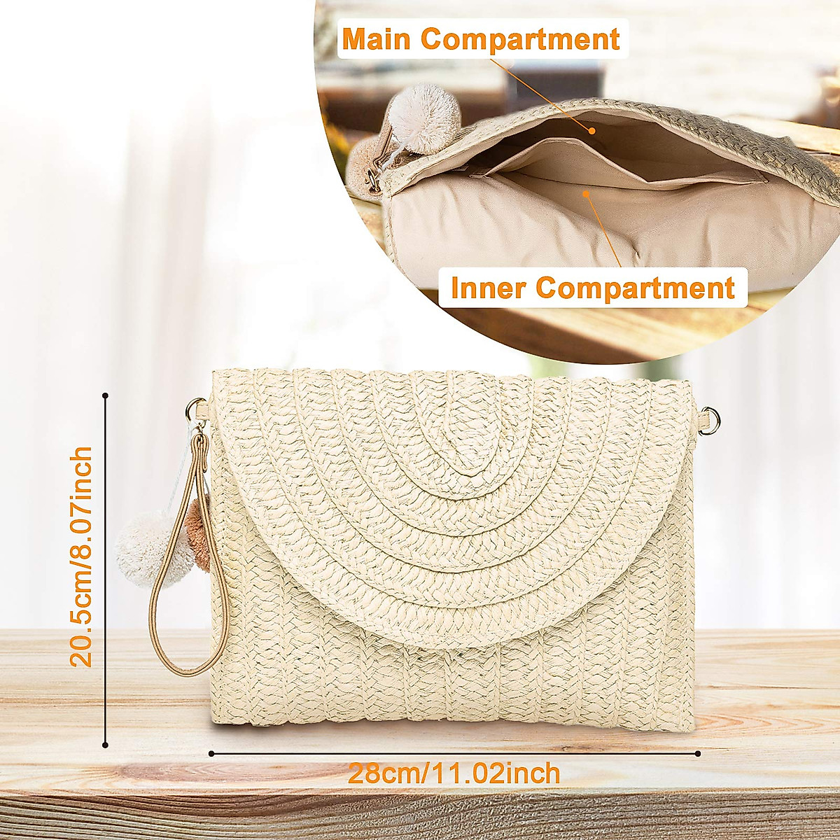 Kadell Straw Shoulder Bag, Straw Clutch Women Handmade Straw Bag Summer Beach Envelope Purse Wallet (Off-white)