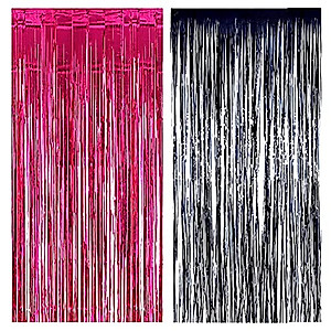 MORANTI 2 Pack 3 ft x 8 ft Metallic Tinsel Foil Fringe Curtains Party Backdrop for Birthday Party Photo Backdrop Decorations (Hot Pink, Black)
