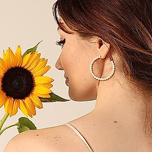 CERSLIMO Pearl Hoop Earrings for Women - 3 Pairs 14K Gold Plated Pearl Hoop Earrings Set, S925 Sterling Silver Post Big Large Hoops 4mm Pearl Earrings Jewelry Gifts 20/30/40mm