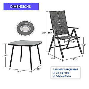 Soleil Jardin Outdoor Patio Dining Set for 4 with Aluminum Frame, 5 Piece Dining Table Set with 4 Adjustable Padded Folding Reclining Chairs & 1 Glass Top Table w/1.77” Umbrella Hole, Dark Gray