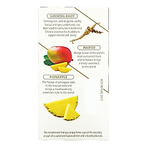 Twinings Focus Tea - Mango & Pineapple Flavoured Hibiscus Tea with Revitalizing Ginseng Root, Naturally Caffeine-Free Herbal Tea Bags Individually Wrapped, 18 Count
