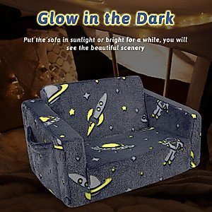 DILIMI Kids Couch, 2-in-1 Toddler Couch Sofa with Blanket, Comfy Toddler Chair Kids Sofa for Boys Girls, Convertible Sofa Bed to Lounger, Glow in The Dark 1 Seat, Astronaut