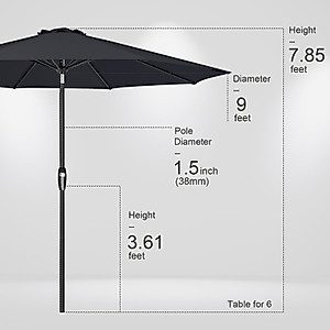 Tempera 9ft Patio Market Outdoor Table Umbrella with Auto Tilt and Crank,Large Sun Umbrella with Sturdy Pole&Fade resistant canopy,Easy to set, Space Grey