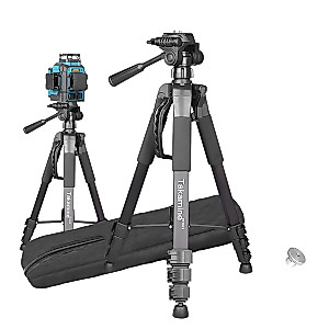 Takamine 63" Lightweight Adjustable Laser Level Aluminum Tripod with Portable Handle, Bubble Level, Quick Release Plate with 1/4" Screw Mount & 5/8" UNF Adapter Nut, 3-Way Swivel Pan Head
