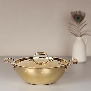 Swadeshi Blessings Exclusive Range Brass Kadai for Cooking with Lid/Teflon-Free/Naturally Non-Stick Brass Utensils with Tin Coating (2 Litres)