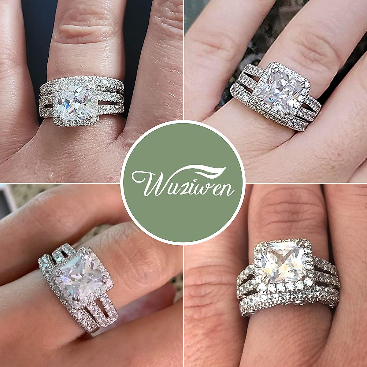 Wuziwen 4Ct Engagement Rings for Women Sterling Silver Cubic Zirconia Wedding Bridal Ring Set Size 7