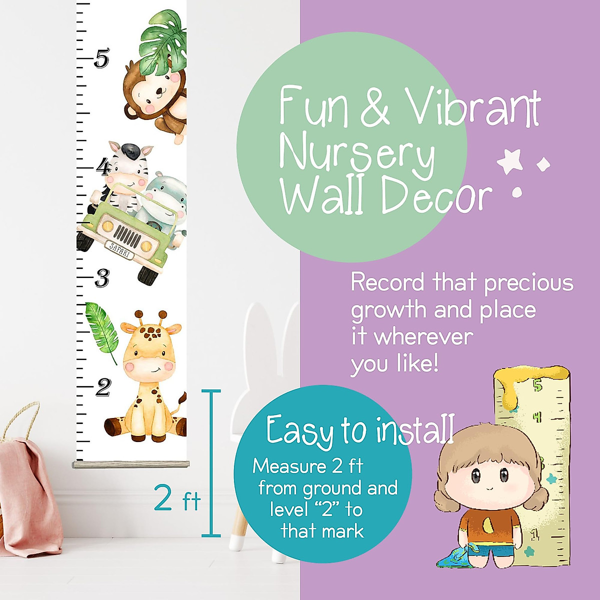 Baby Kids Canvas Hanging Growth Chart Height Ruler Portable 12"x60" Measures from 1'5" to 6'3" Nursery Wall Decor Shower Gift