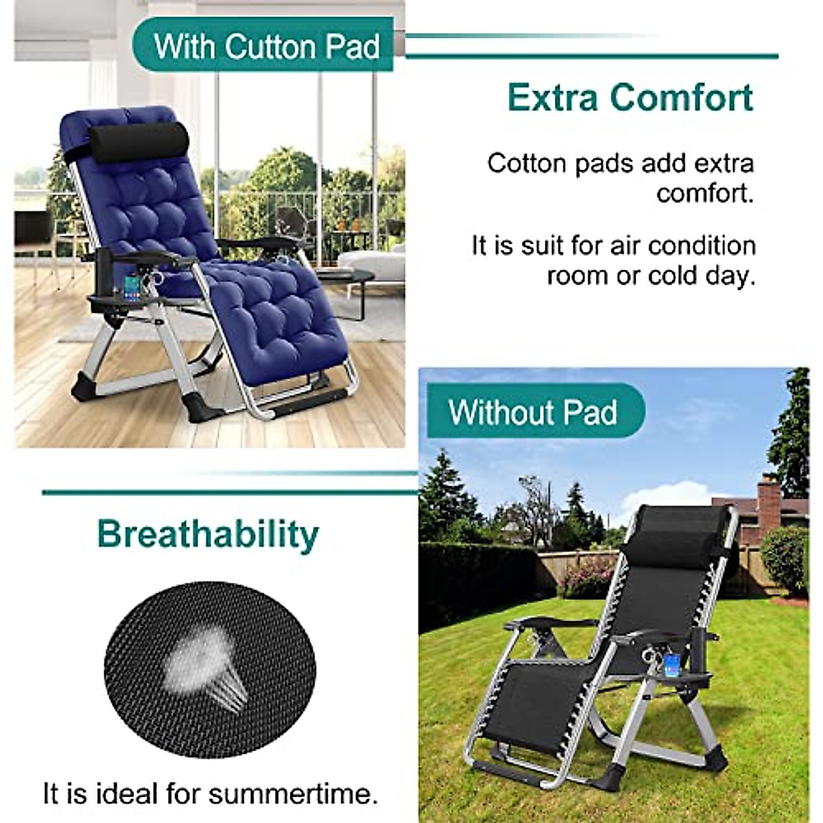Zero Gravity Chair, Lawn Recliner, Reclining Patio Lounger Chair, Folding Portable Chaise with Detachable Soft Cushion, Cup Holder, Headrest