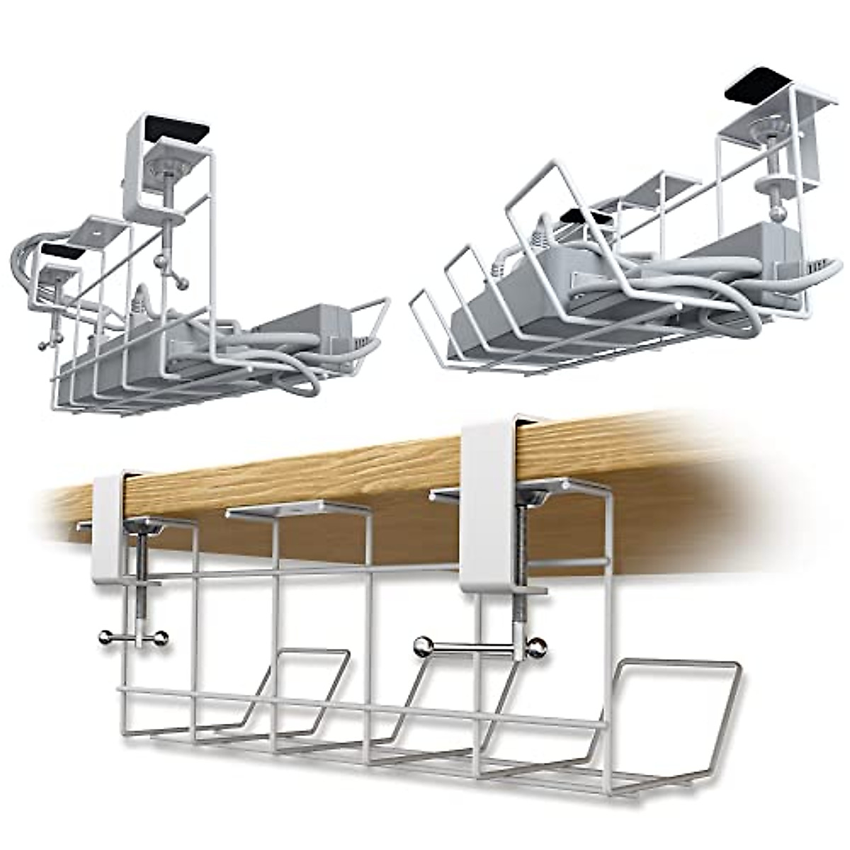 Under Desk Cable Management Tray with Clamps, No Drill Under Desk Cord Management, Desk Cable Organizer, Cable Management Under Desk - Set of 2 with Clamps
