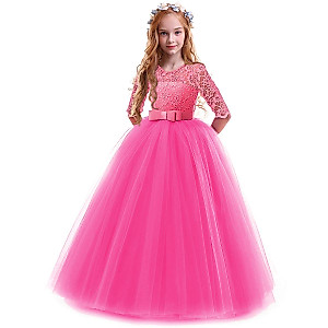 Spring Flower Girl Wedding Bridesmaid 3/4 Sleeves Kids Floral Lace Pageant Communion Princess Dress Prom Evening Dance Gown Hot Pink 7-8 Years