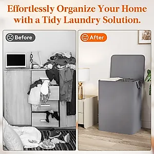 Lifewit 120L Laundry Basket with Lid, Large Double Laundry Hamper 2 Section Dirty Clothes Hamper for Bedroom with 2 Removable Laundry Bags, Grey