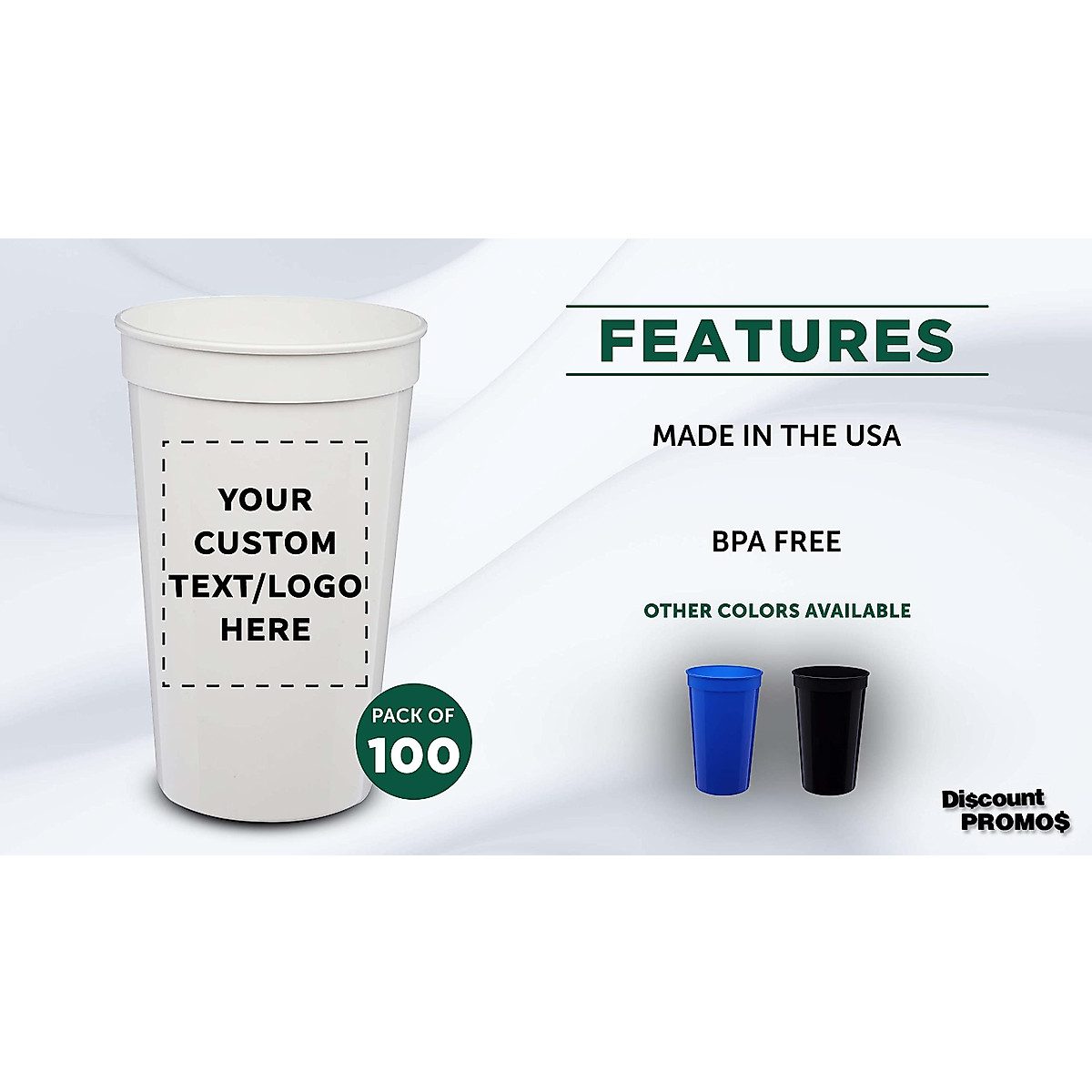 DISCOUNT PROMOS Custom Large Plastic Stadium Cups 22 oz. Set of 100, Personalized Bulk Pack - Perfect for Birthdays, Picnic, Beach, Parties - White