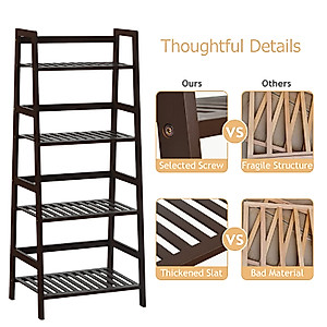 COSTWAY 4-Tier Ladder Shelf, Bamboo Plant Stand Rack, Freestanding Bookshelf, Multifunctional Storage Shelves, Flower Stand Rack Holder for Garden, Balcony, Living Room, Bedroom (Coffee)