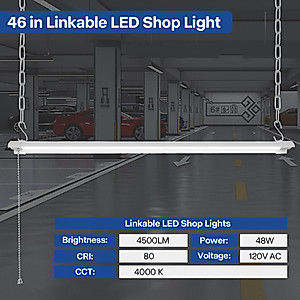 ENATECLITE Linkable 4Foot Hanging Mount Work Lights, LED Garage Lights, Plug-in High Visibility Workshop Led Lights, Hanging Garage Ceiling Lights 4000K Daylight, 4500LM, Pull Chain for Basement