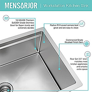 MENSARJOR 14 x 19 Inch Workstation Undermount Single Bowl 16 Gauge handmade NEW MODEL Stainless Steel Kitchen sink …
